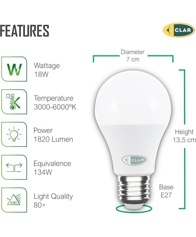 Bombillas LED E27 18W Mate A70