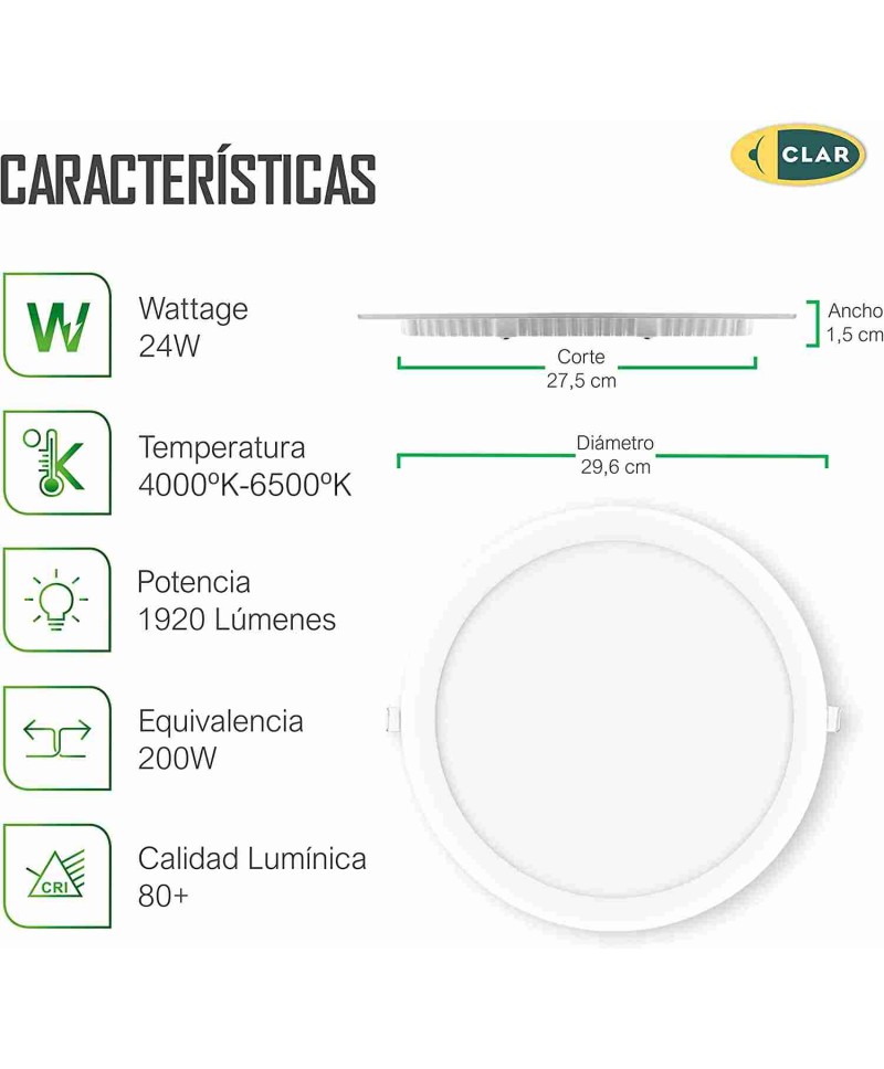 Downlight LED Empotrable 24W Redondo 1920lm