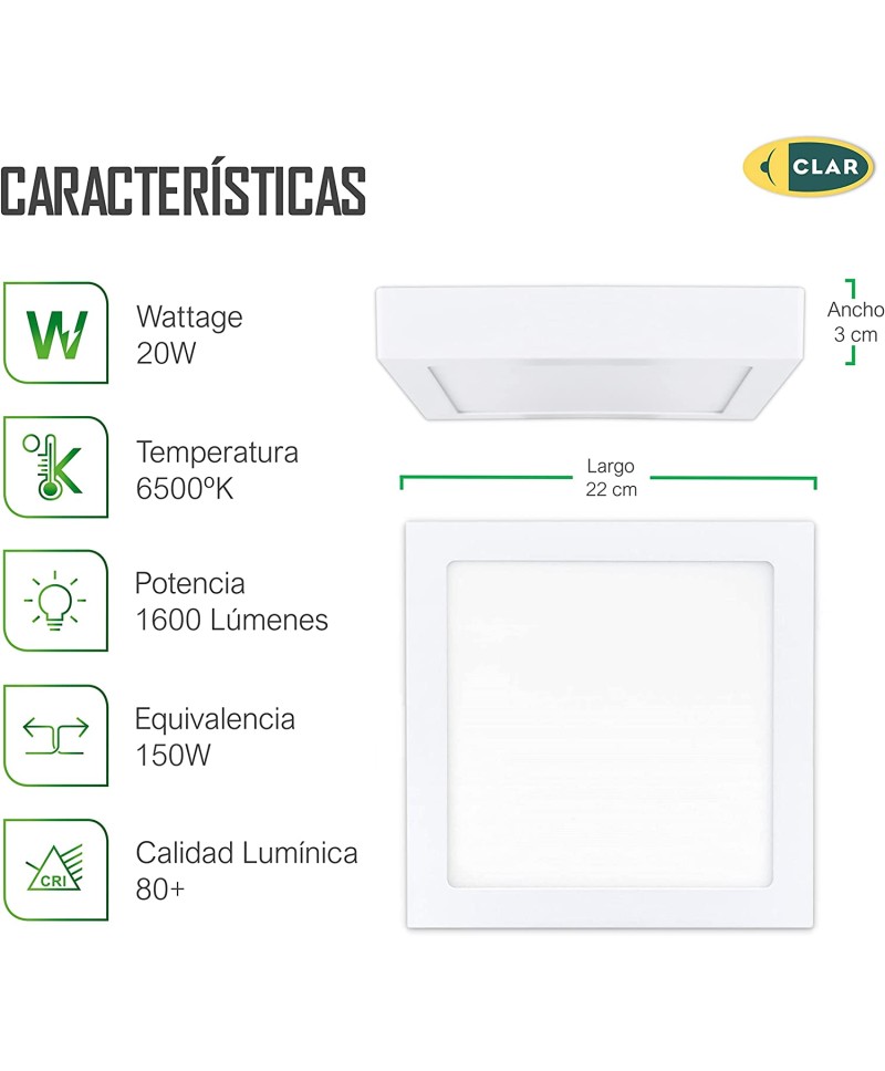 Downlight LED Superficie Cuadrado 20W 1600lm.