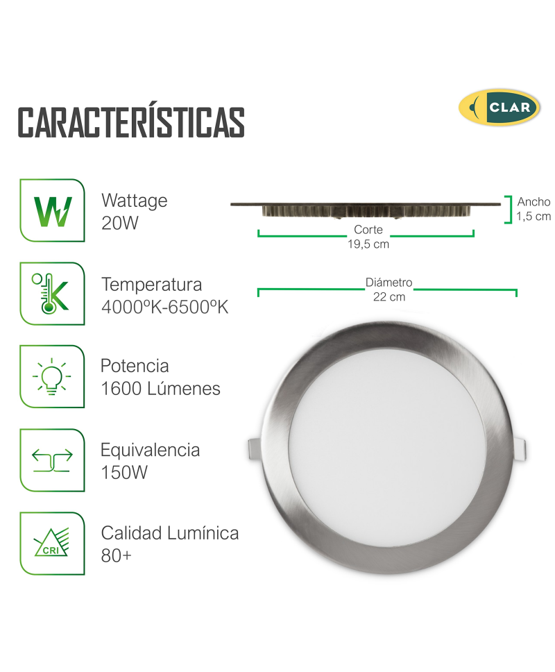 Downlight LED Empotrable Plata 20W Redondo 1600lm